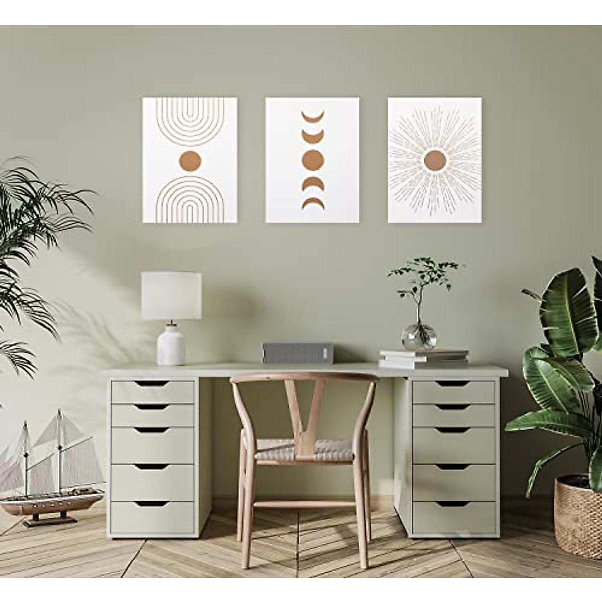 Boho Wall Art Set Of 3 Decor. Ready To Hang Framed Sun and Moon Phase Canvas Prints For Bedroom Living Room Bathroom Office. Minimalist Mid Century Modern Decor Bohemian Large 12"x16"