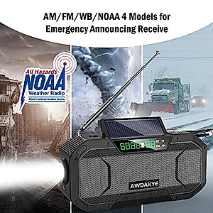 5000mAh Emergency Weather Radio with Bluetooth Speaker, Waterproof Hand Crank Digital NOAA AM FM Weather Radio, Solar Radio with Flashlight, Cell Phone Charger, Compass, Camping Survival Gear