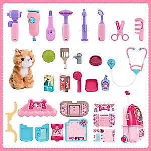 MAGIC4U Pet Cat Care Carrier Suitcase Toy, 29PCS Vet Clinic and Doctor Kit for Kids, Pet Kitty Grooming Feeding Toys, Veterinarian Pretend Play Set, Gifts for Boys and Girls Ages 3-12