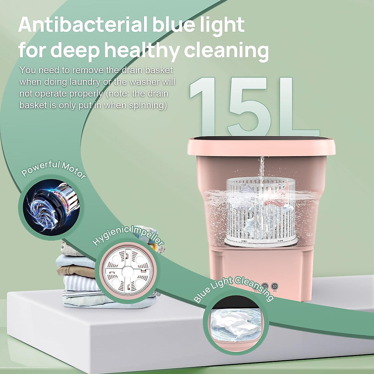 ZLDYPINK Portable Washing Machine,15L Mini Washer, Upgraded Motor Foldable Washer Machine Blue Light Cleaning Small Washer for Underwear, Baby Clothe, Apartment, RV, Travel, Camping (Pink)