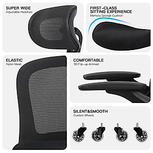 FAMSINGO Ergonomic Mesh Office Chair, High Back Comfortable Desk Chair with Adjustable Lumbar Support, Headrest and Flip-up arms, Wide Memory Foam Seat, Executive Swivel Chair(Black)