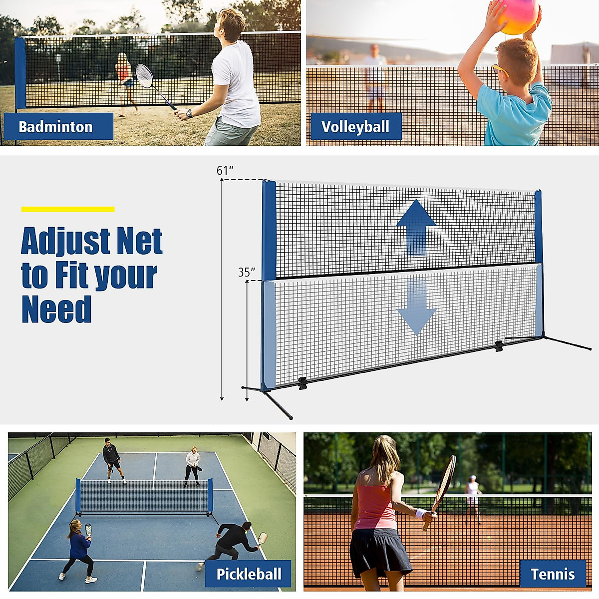 Goplus Portable Badminton Net Set, 10FT/ 14FT Volleyball Pickleball Net with 2.7FT-5FT Adjustable Height, 2 Shuttlecocks, Carrying Bag for Backyards, Beach, Driveway, Family Outdoor Game (14 FT)