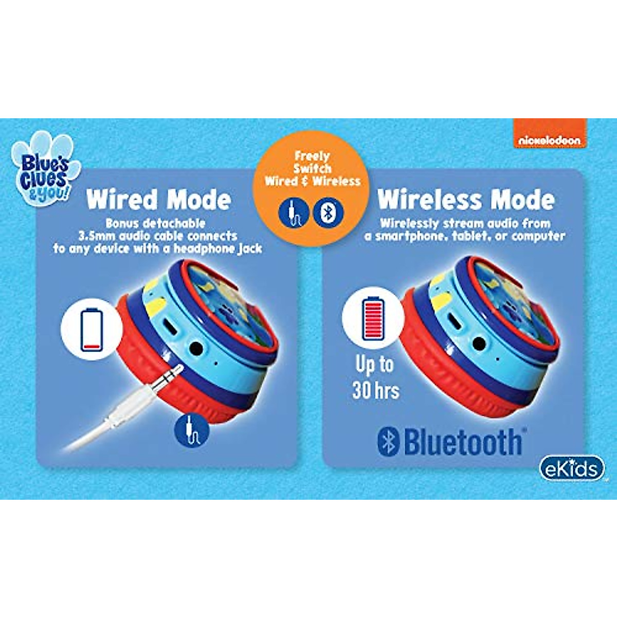 eKids Blues Clues Kids Bluetooth Headphones, Wireless Headphones with Microphone Includes Aux Cord, Volume Reduced Kids Foldable Headphones for School, Home, or Travel