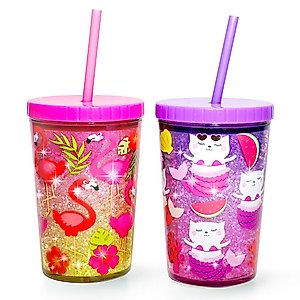 Home Tune 14oz Kids Tumbler Water Drinking Cup 2 Pack - BPA Free, Straw Lid Cup, Reusable, Lightweight, Spill-Proof Water Bottle with Cute Design for Girls & Boys - Flamingo & Kitty Mermaid