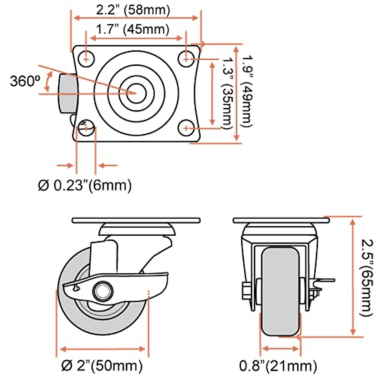 FactorDuty 24 Pack 2" Swivel Caster With Brake Wheels Hard Rubber Base w/Top Plate & Bearing (2" w/brake, 24 pcs)