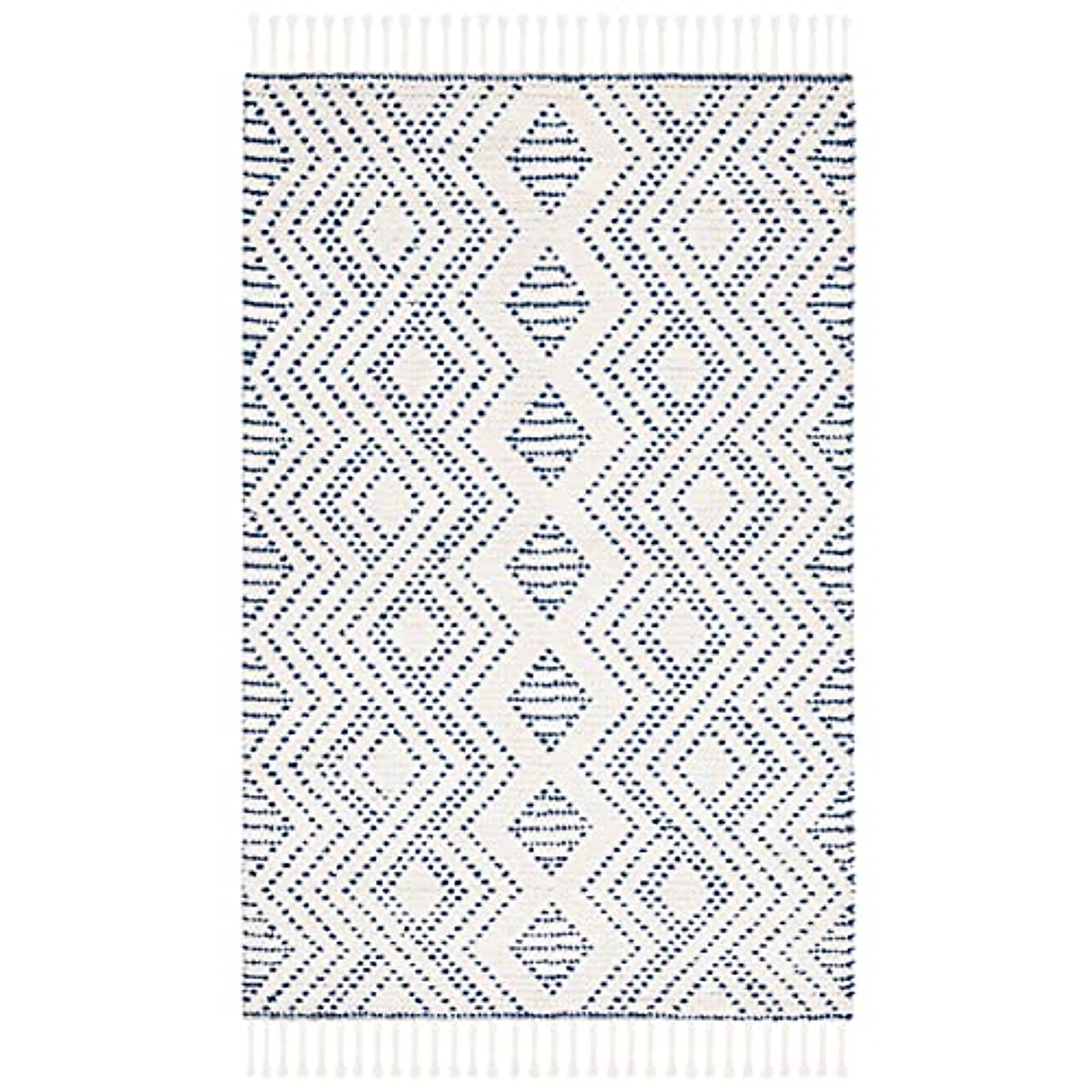 SAFAVIEH Natura Collection Accent Rug - 4' x 6', Ivory & Blue, Handmade Moroccan Boho Farmhouse Tribal Braided Tassel Wool, Ideal for High Traffic Areas in Entryway, Living Room, Bedroom (NAT184M)