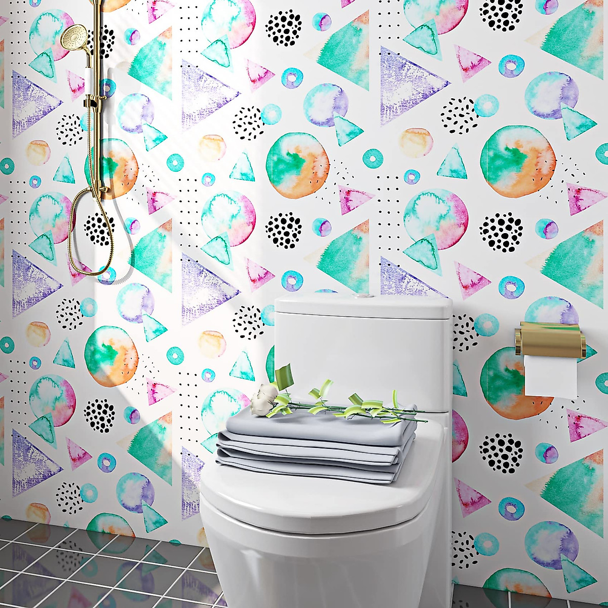 ReWallpaper 17.5in x 23ft Colorful Geometric Wallpaper Peel and Stick Wallpaper Watercolor Removable Vinyl Wallpaper for Bedroom Cabinets Kids Classroom Stick on Wallpaper Self Adhesive Contact Paper