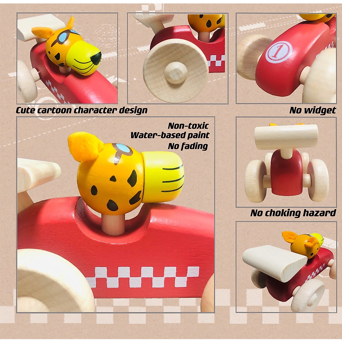 Lecelzie Toddler Activities Wooden Toys Car Baby Infant Montessori Fine Motor Skills Toys for 1 2 3 4 Year Old Boys Girls Gift Party Favors for Kids Push and Pull Toys