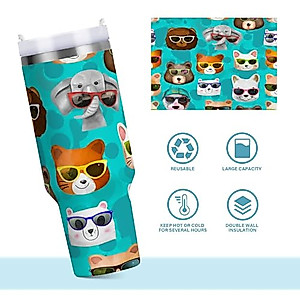 RPLIFE Cute Animals Heads Blue Stainless Steel Tumbler, Insulated Coffee Mug with Lid, Tumblers for Women