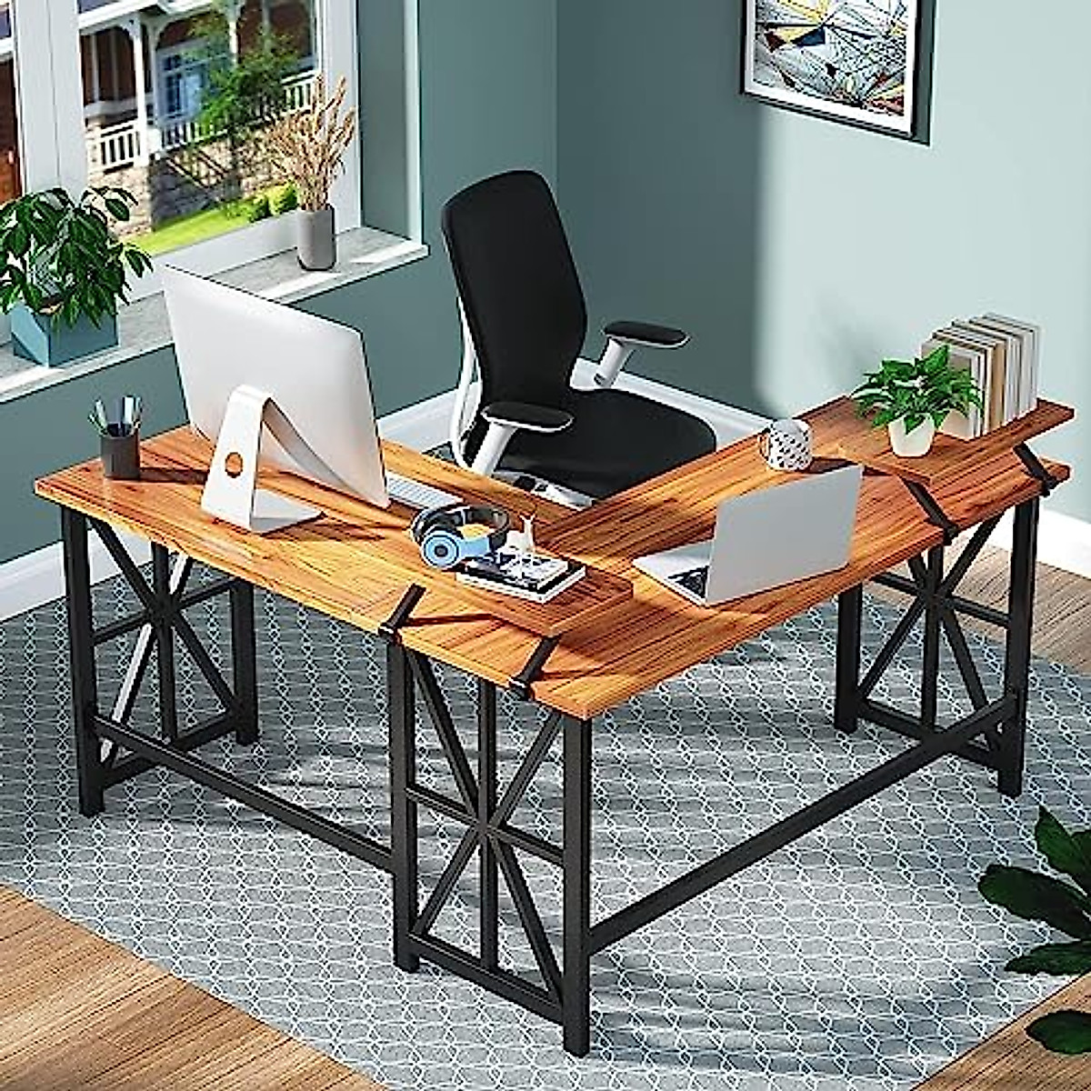 GreenForest L Shaped Desk with 2 Monitor Stand, 50.4 inch Reversible Corner Computer Desk for Home Office Study Gaming Workstation Crafting Table for Small Spaces, Easy Assembly, Walnut