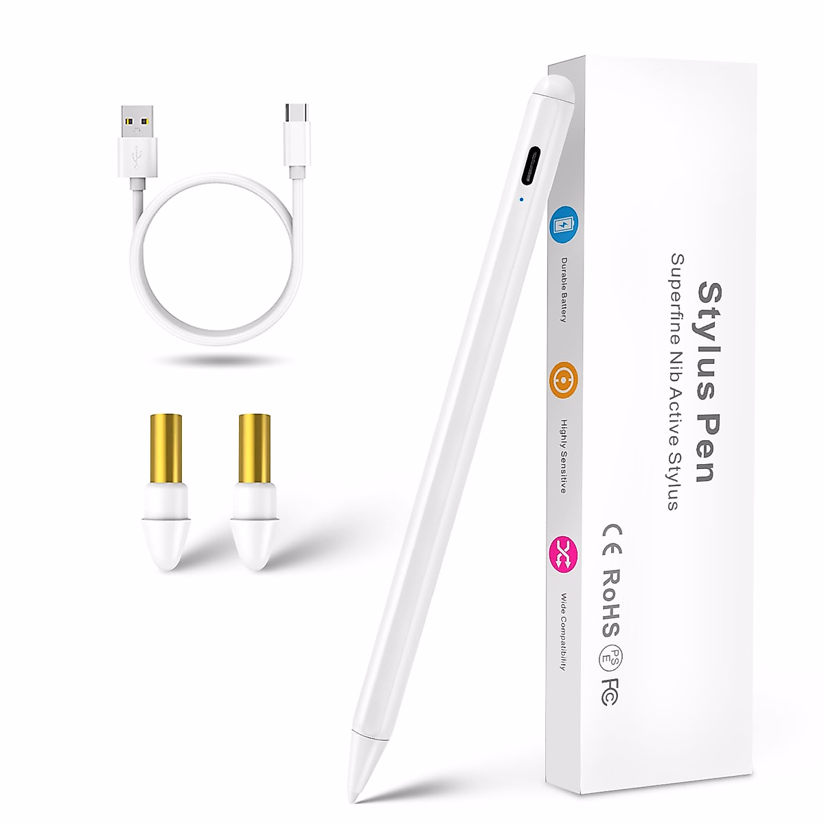 iPad 10th/9th/8th Generation 10.2" Stylus Pencil with Palm Rejection,Type C Charge 1.5mm POM Tip Active Drawing Writing Pen Compatible with Apple Pencil for iPad Pen 10.2-Inch 10th/9th/8th White