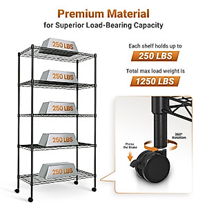 YSSOA Heavy Duty 5-Shelf Storage Shelving Unit, 1250lbs Loading Capacity, 29.92" D x 13.98" W x 62.99" H Adjustable Steel Organizer Wire Rack, Black, 2 Pack