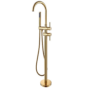 Cpingao Polished Gold Bathtub Freestanding Bathtub Faucet Bathtub Filler Floor Mount Brass Tub Faucets with Handheld Shower and Swivel Spout