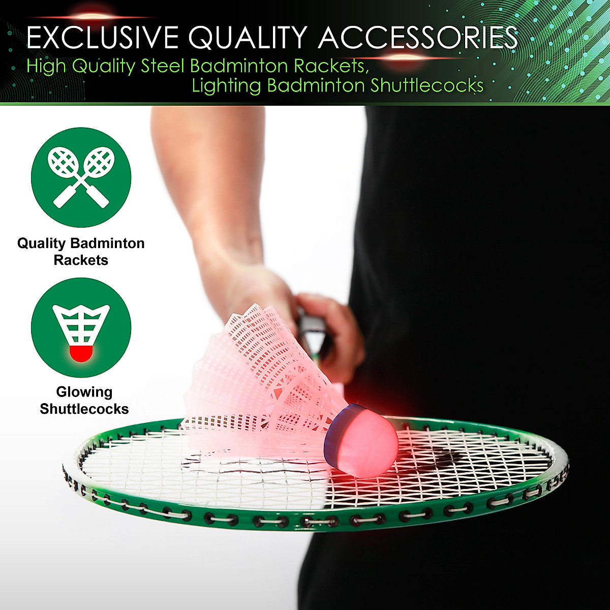 E-jetSport Badminton Net Outdoor Game Set, Rackets Shuttlecocks Combo for Kids & Family Portable, No Tools Required - Backyard Training, Beach, Park, Picnic Games, Green (EOB37540)