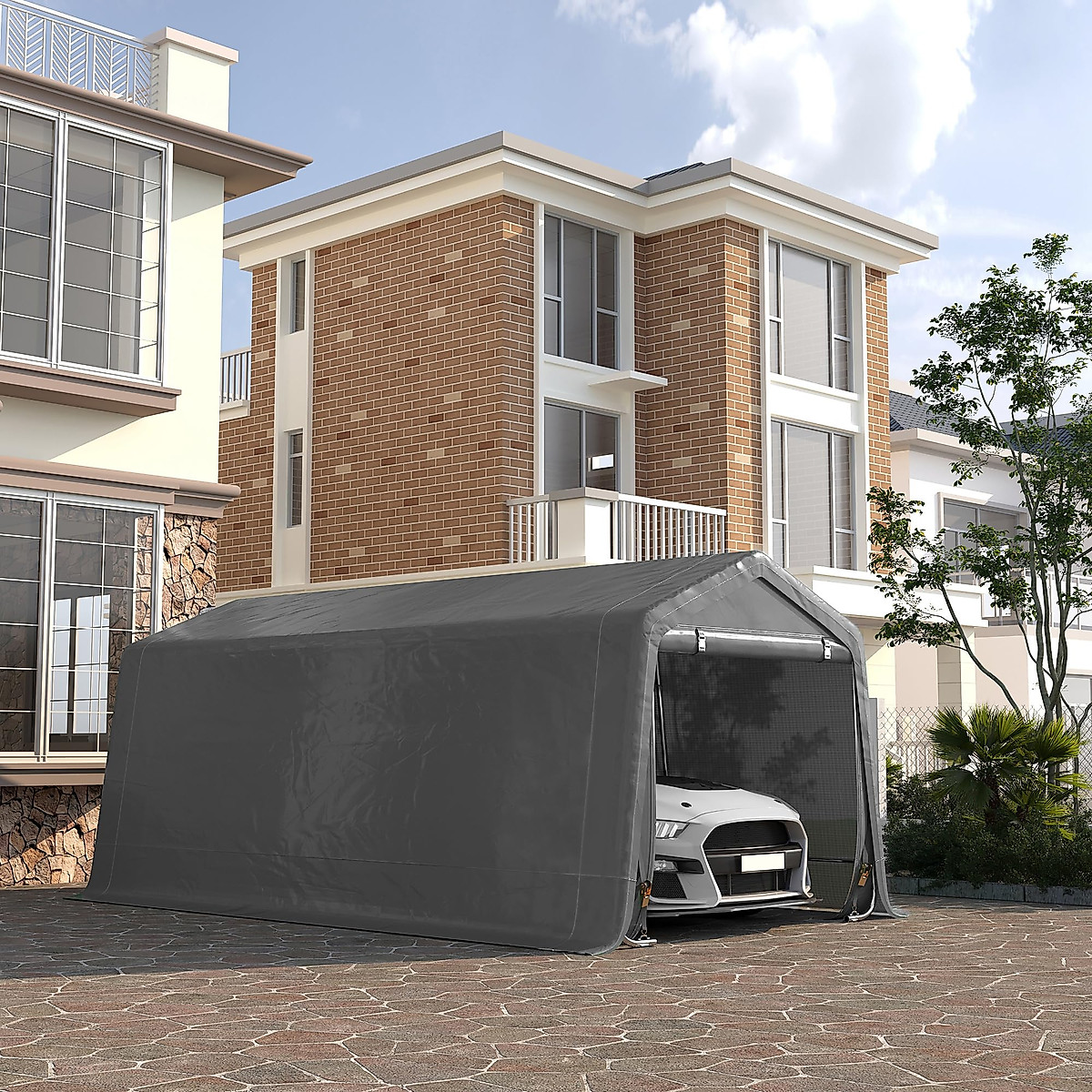 Outsunny 10' x 20' Carport Portable Garage, Heavy Duty Storage Tent, Patio Storage Shelter w/Anti-UV PE Cover and Double Zipper Doors, for Motorcycle Bike Garden Tools, Gray