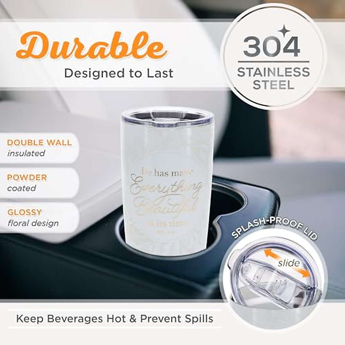 Christian Art Gifts Large Travel Tumbler for Women Stainless Steel Vacuum Insulated Inspirational Scripture: Everything Beautiful, Retractable Lid, Ivory White Floral, 18 oz.