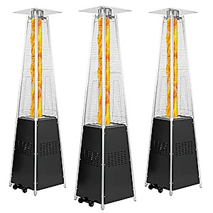 PIONOUS 48,000 BTU Glass flame tube Pyramid Patio Heater with Cover and Wheels for Commercial, Deck, Garden, Fishing - Black, 3 Set