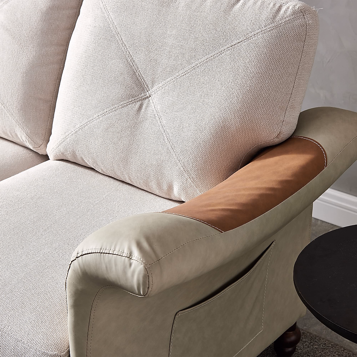 Myshle 2+3 Sectional Storage, Sleeper Couch Chaise with Curved Arm, Modern Upholstered Sofa with Seat Cushion and Wood Legs for Living Room,Bedroom,Office, Linen Fabric, Faux Leather, Beige