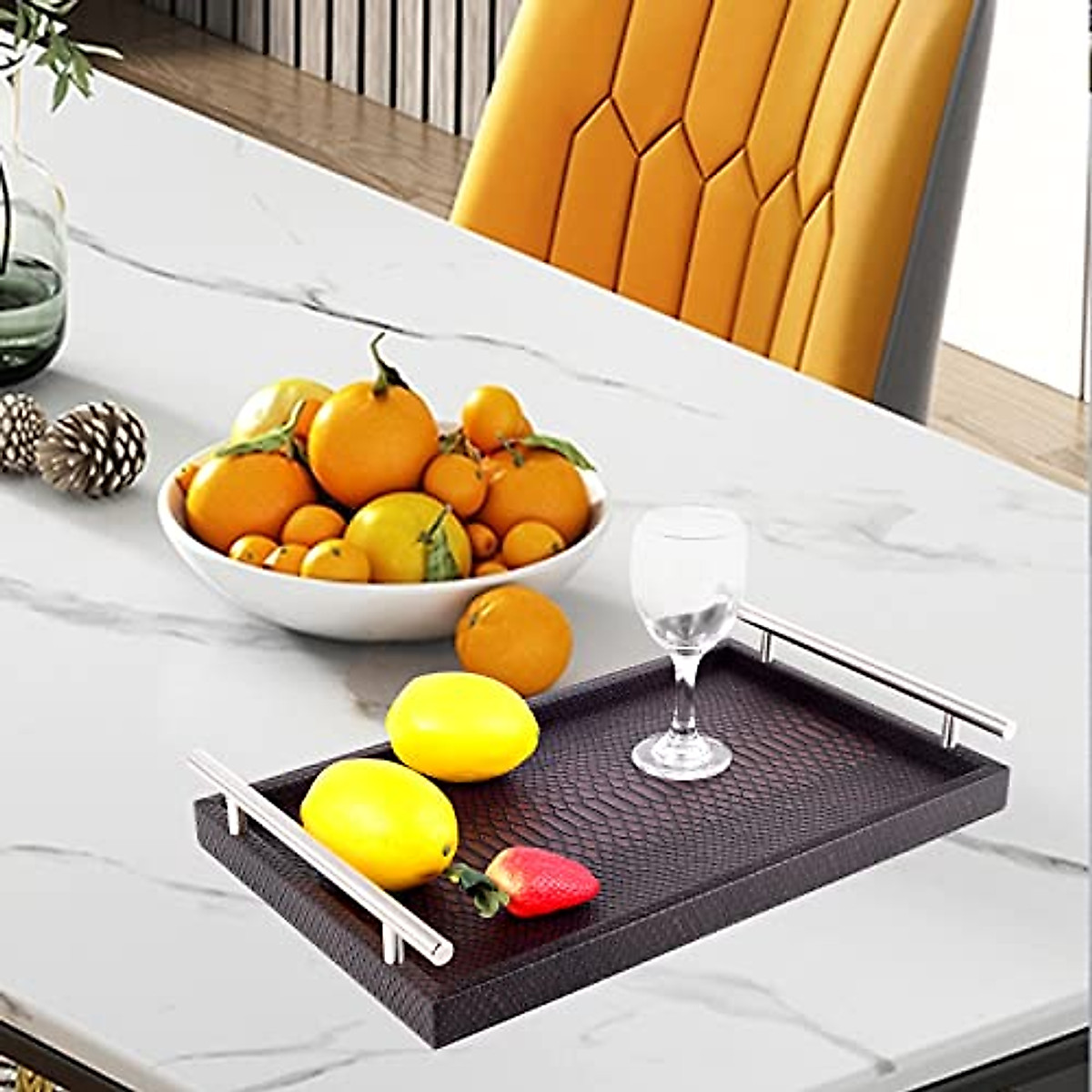 Faux Leather Rectangle Serving Tray with Polished Silver Metal Handle for Coffee Table,Cup,Fruit,Food Tidy Up Container,Console Table Living Room Kitchen Serve Tray,Home Decoration Tray (Brown)