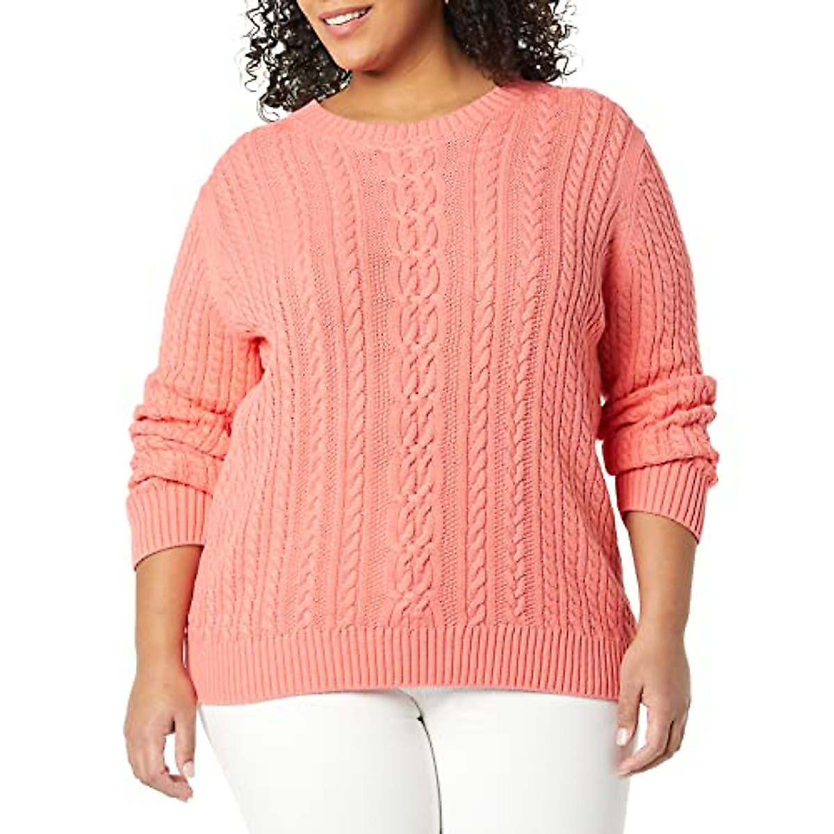 Amazon Essentials Women's Fisherman Cable Long-Sleeve Crewneck Sweater (Available in Plus Size), Coral Pink, Large