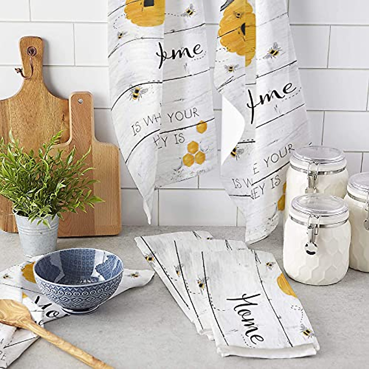 MUSEDAY Kitchen Towels Dishcloths Set Home is Where Your Honey is Cute Bee Honey Hive Retro Wood Grain Absorbent Dish Towels Dish Cloths for Drying Kitchen Hand Towels Decorative Tea Towels