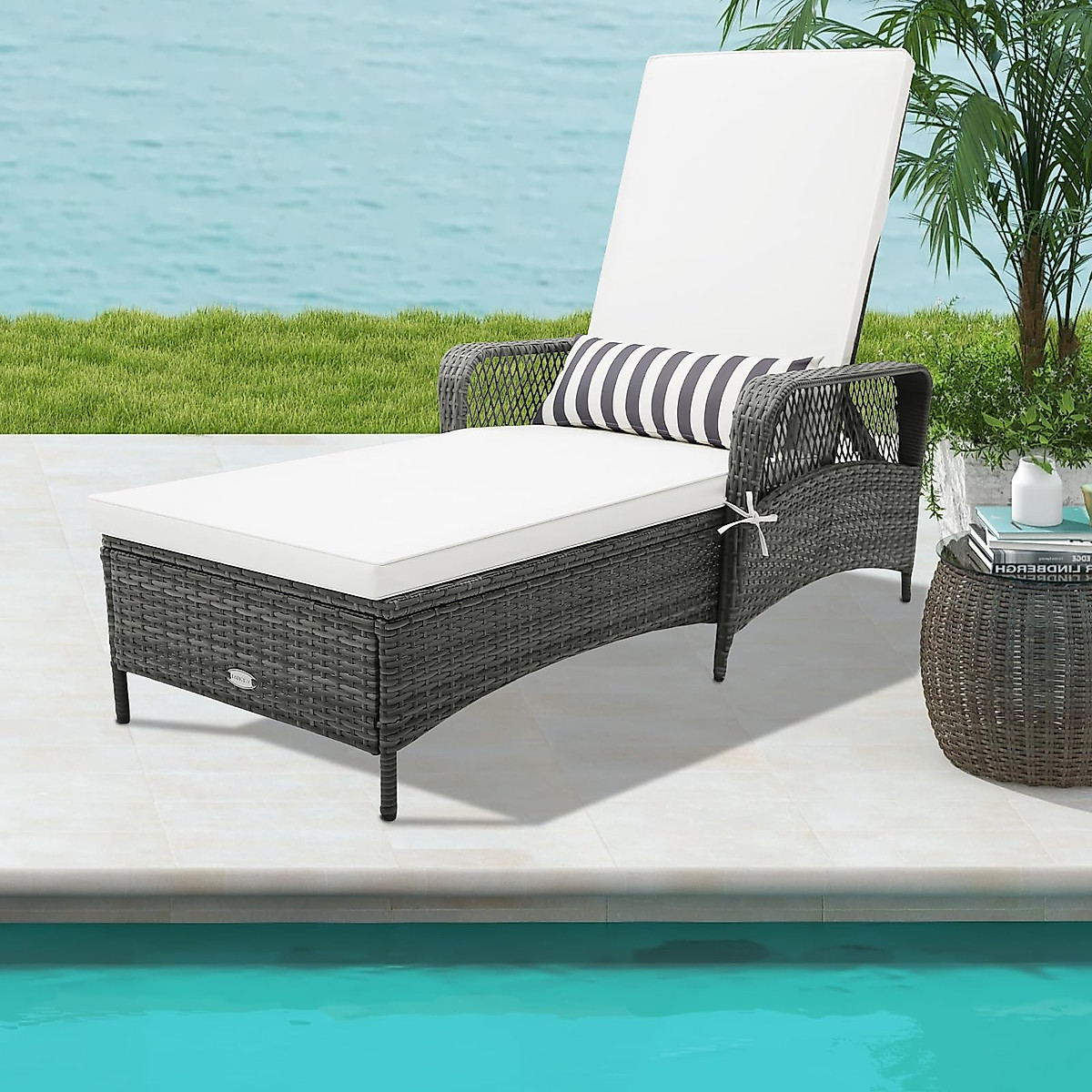 HAPPYGRILL 2PCS Patio Rattan Chaise Lounge, Outdoor PE Wicker Sun Lounger with Adjustable Backrest, Removable Cushion & Pillow, Reclining Chaise Lounge Sunbed for Balcony Poolside Yard