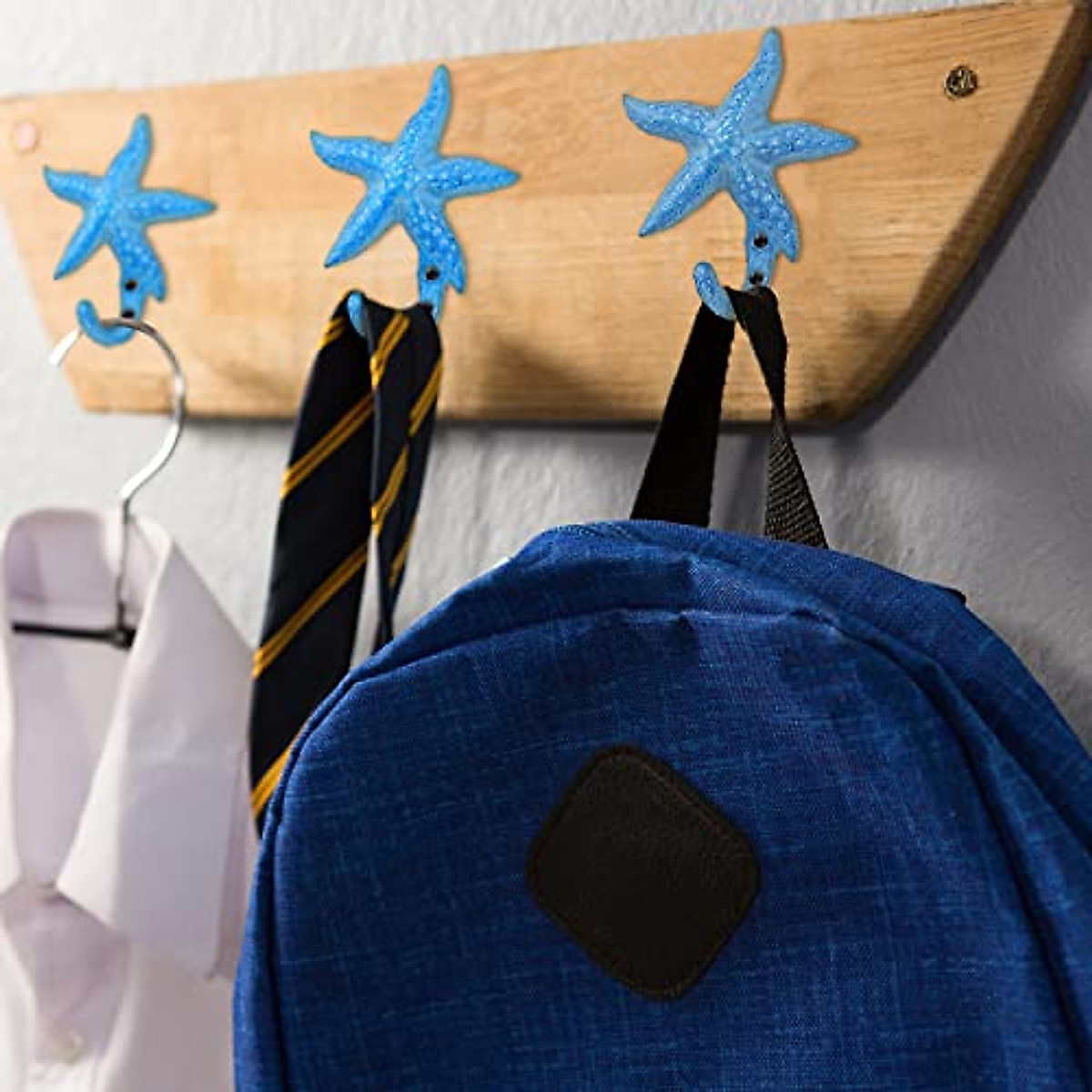 Set of 6 Starfish Cast Iron Wall Hooks Sea Star Decorative Wall Hook Antique Blue Outdoor Towel Hooks Starfish Decorative Coat Hooks for Aprons Hats Keys Bathroom Kitchen