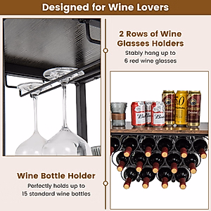 COSTWAY Wine Bar Cabinet, 3-Tier Home Mini Bar for Liquor w/Power Outlets, Glass Holder, Wine Rack, Anti-Tipping Kit, Metal Coffee Bar Table for Home Apartment Kitchen Living Room Pub (Black & Grey)