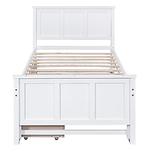 CITYLIGHT Twin Bed with Trundle and Storage, Wood Twin Size Platform Bed Frame with Trundle and Drawers, Space-Saving Twin Size Bed for Kids, Boys, Girls (Twin,White)