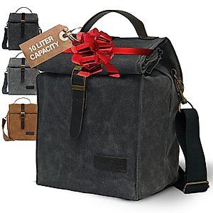 Chef Sac Waxed Canvas Insulated Lunch Bag for Women & Men | Thermal Insulation Material Keeps Food Hot OR Cold | Reusable, Water Resistant & Fits Large Lunch Box | Includes Sling Strap (Black)