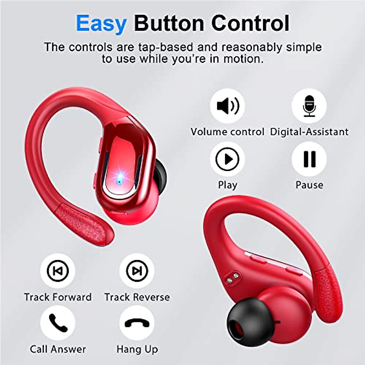 Ltinist Wireless Earbud, Bluetooh 5.3 Headphones Pure Bass Sound with Earhooks, 60H Battery in-Ear Sport Earbud with Dual-LED Display, IP7 Waterproof Earphones Built-in Microphone for Running, Red