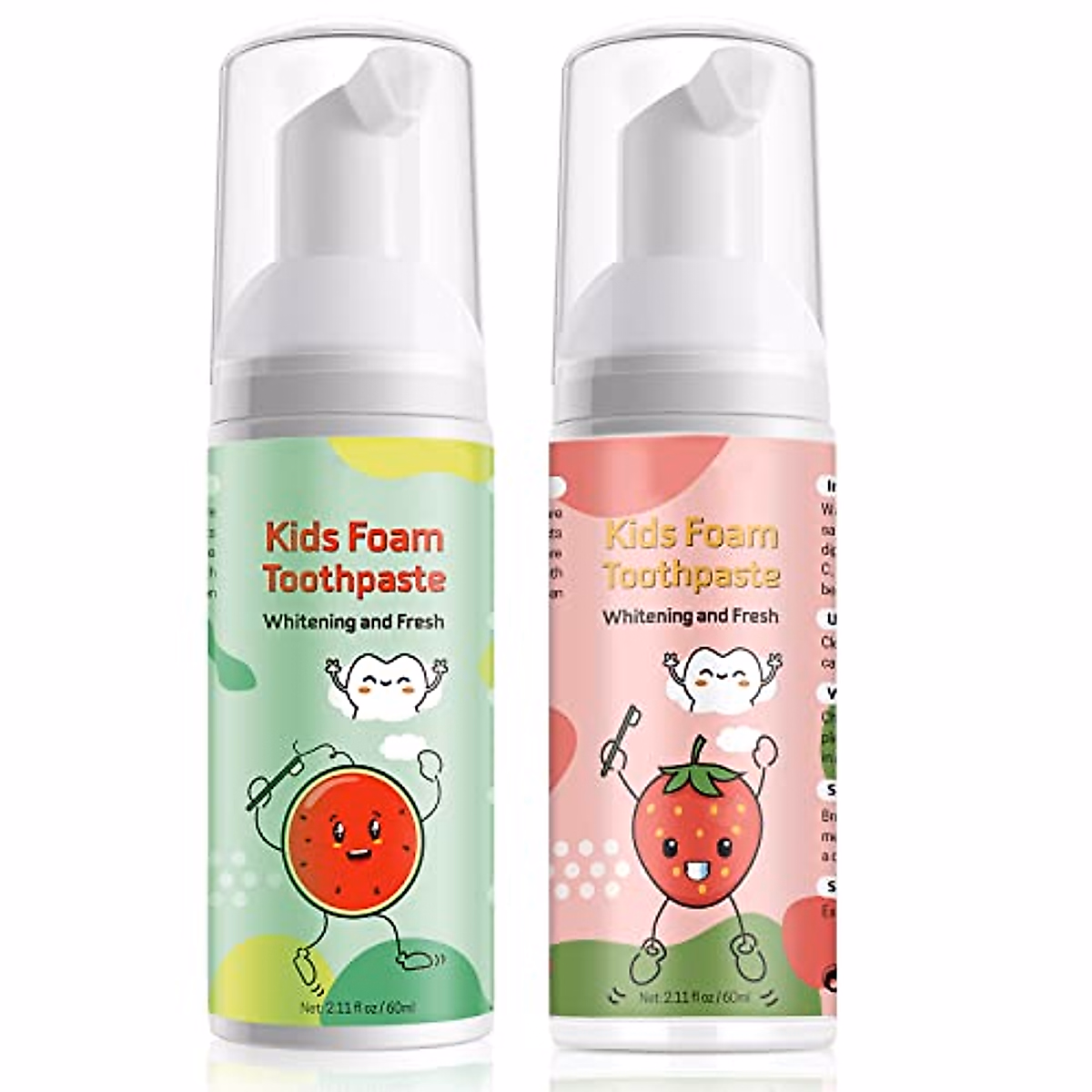 Foam Toothpaste Kids, Toddler Toothpaste with Low Fluoride, Kids Foam Toothpaste for U Shaped Toothbrush Electric Toothbrush, Foam Toothpaste for Children Kids Ages 3 Plus (Watermelon+Strawberry)