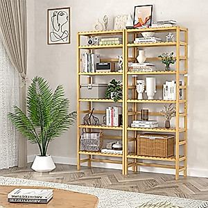Homykic Bookshelf, 6-Tier Bamboo Adjustable 63.4” Tall Bookcase Book Shelf Organizer, Free Standing Storage Shelving Unit for Living Room, Kitchen, Bedroom, Bathroom, Office, Rust Resistance, Natural