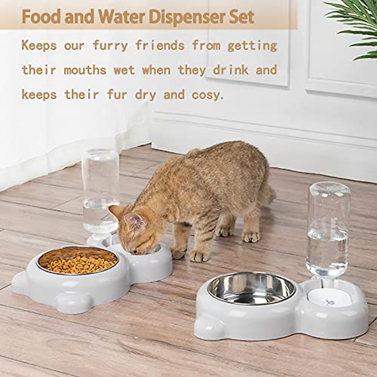 Tfwadmx Pet Double Dishes Rabbit Food Water Dispenser Set Cat Self Filling Bowls No Spill Dog Automatic Waterer Bottle Anti Gravity Feeder Cute Detachable Stainless Steel Bowl for Kitten Puppy Bunny