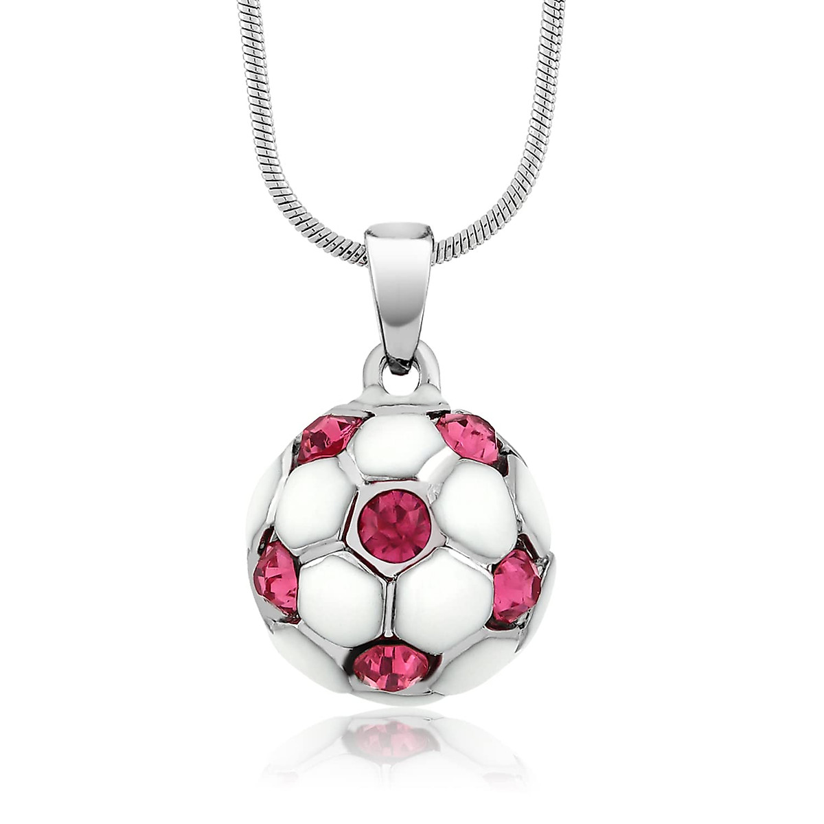 Gem Stone King Stunning White Soccer Ball with Pink Crystals Pendant for Women with 16 Inch Snake Chain