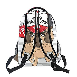 ALAZA Cute Cartoon Pug Dog With Cap Be Cool Stripe Stylish Large Backpack Personalized Laptop iPad Tablet Travel School Bag with Multiple Pockets