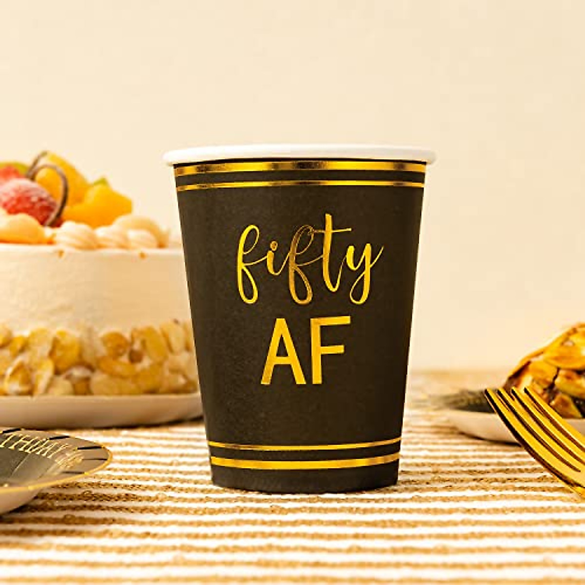 Crisky Black Gold Fifty Birthday Napkins Plates Cups Set for 50th Birthday Party Decorations Supplies, Disposable Tableware Set of 24 (9" Plates, 7" Plates, Luncheon Napkins, 9oz Cups)