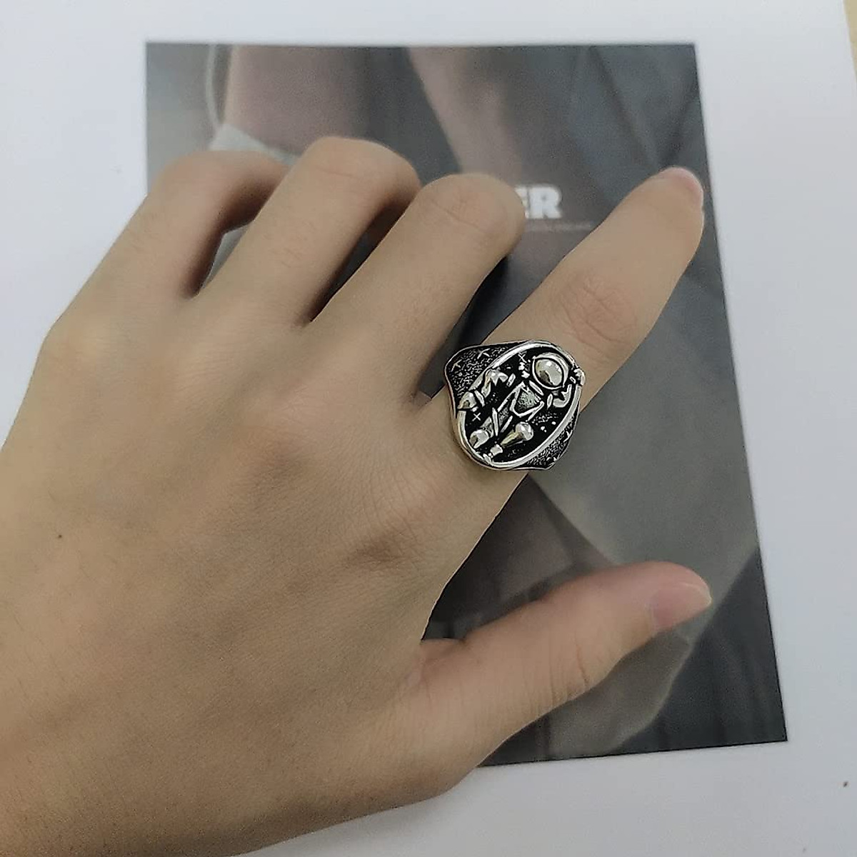 Vintage Astronaut Open Statement Rings for Men Women S925 Sterling Silver Plated Unique Romantic Engagement Wedding Planet Star Spaceship Universe Adjustable Ring Fashion Promise Jewelry Gift for Valentine's Day Anniversary Xmas Bff (Oval)