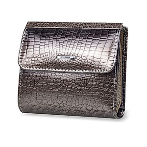 Dicihaya Women Small Compact Bifold Genuine Leather Wallet Ladies Mini Purse with ID Window Coin Pocket (Silver)