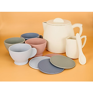 Babes Choice 12Pcs Silicone Tea Party Set for Little Girls, includes Storage Bag - Princess Tea Time, Kids Kitchen Pretend Play, BPA Eco-Friendly (Cream)