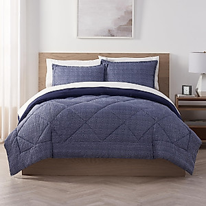 Serta Supersoft Cooling 7 Piece Reversible Complete Bedding Comforter Set with Sheets and Pillow Case for All Season, Queen, Peacoat