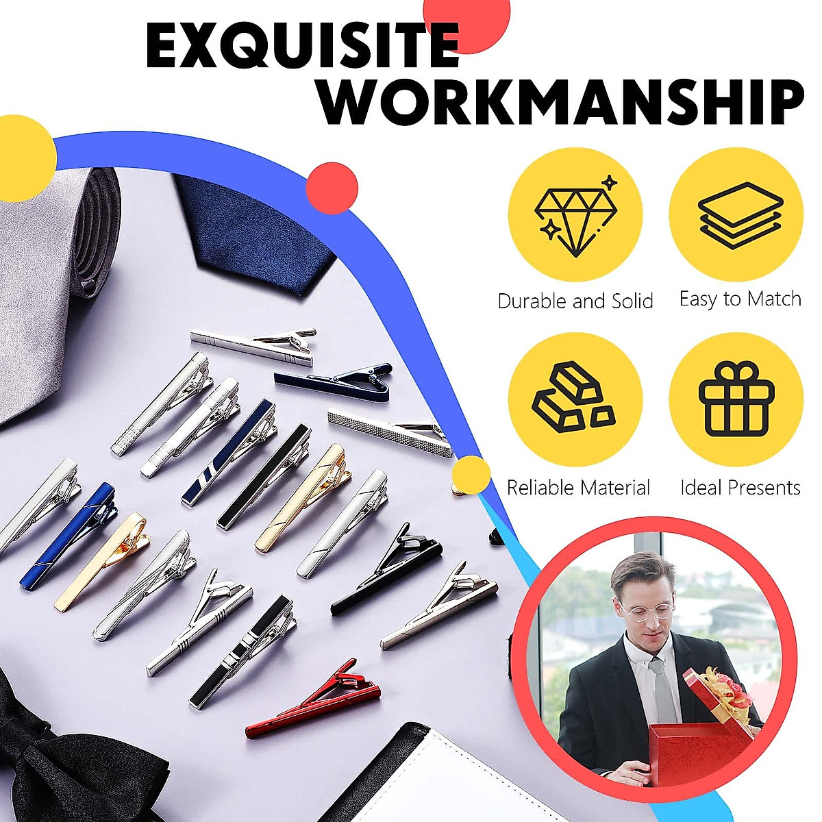 Yinkin 20 Pcs Tie Clips for Men Classic Tie Bar Clip Set for Regular Tie Necktie Clip Necktie Wedding Business Clip Clip on Neck Tie Men's Tie Pinch Clip for Anniversary Office and Daily Life