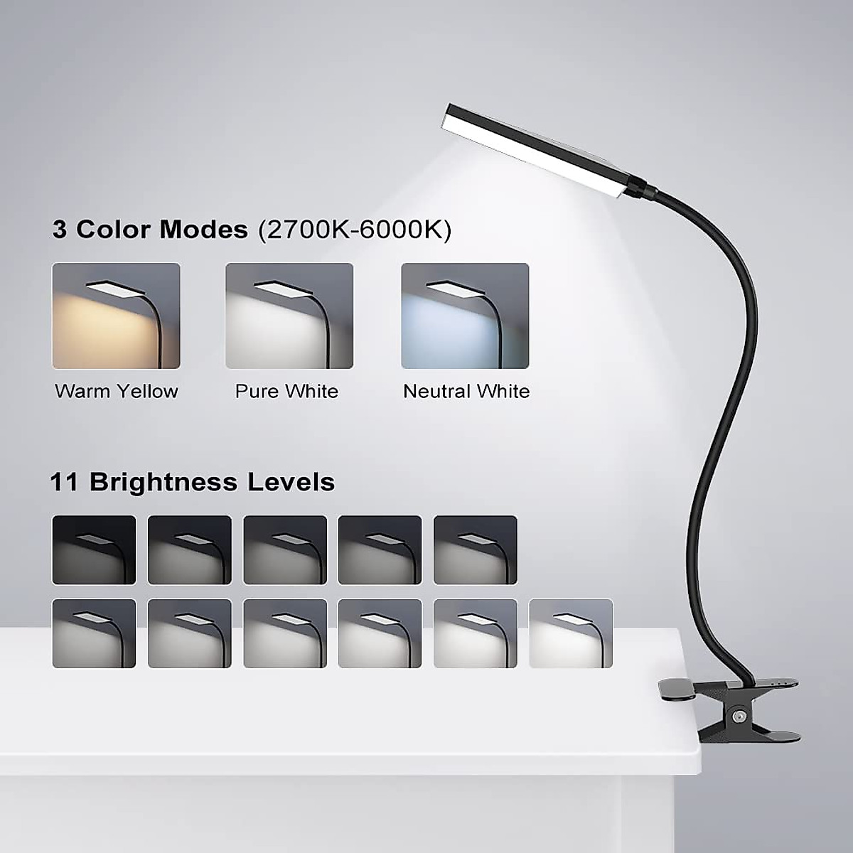 MONGERY LED Desk Lamp with Clamp for Home Office, Dimmable Clip on Desk Light with USB Port, 3 Color Modes 11 Brightness Flexible Gooseneck Reading Lamp for Studying Working, Black