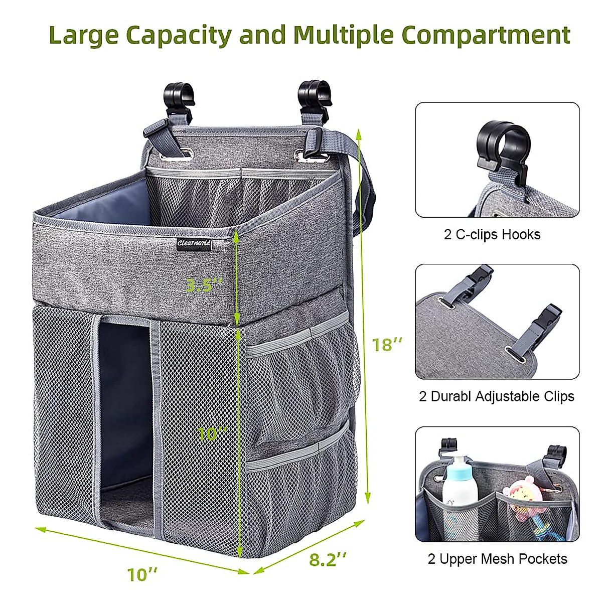 Clearworld Hanging Diaper Caddy Organizer,Diaper Stacker and Crib Organizer,Upgrade Thicken Nursery Organizer for Changing Table, Crib, Wall & Bassinet, Baby Essentials Storage (Gray)