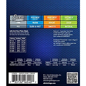 Elixir® Strings 16540 Electric Guitar Strings with NANOWEB® Coating, 3 Pack, Super Light (.009-.042)