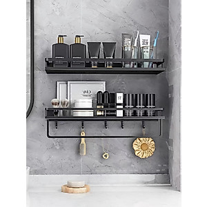 Z metnal Shower Shelves with Towel Bar & Hooks, Small Floating Wall Shelves for Kitchen, Adhesive Shower Caddy Organizer Basket, 16 inch, No Drilling or Wall Mounted, Black,2 pcs