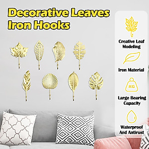 HOSTK 8pcs Decorative Wall Hooks, Gold Leaves Wall Mounted Hangers, Plant Modern Coat Hat Towel Clothing Key Holder for Home Bedroom Bathroom Kitchen Office Entryway Living Room