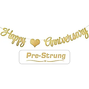 PALASASA Gold Glittery Happy Anniversary Banner for Wedding Anniversary Party Decorations