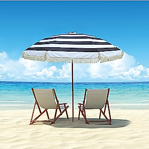Bayside21 8ft Patio Umbrella with Fringe, 8' Outdoor Tassel Umbrella UPF50+, Push Button Tilt,1.25 inch dia. Steel Pole with Wood Grain Finish and 8 Ribs, Black Wide Stripe Design Umbrella Canopy