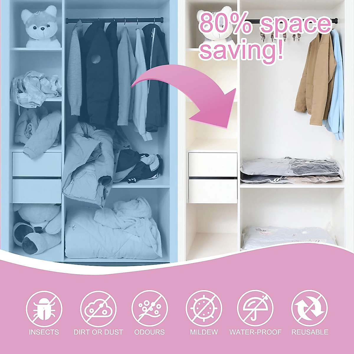 AUKUS Vacuum Storage Bags with Manual Air Pump, 2 Pack Space Saver Bags, 6 Medium/6 Small Compression Storage Bags for Comforters and Blankets, Vacuum Sealer Bags for Clothes Storage